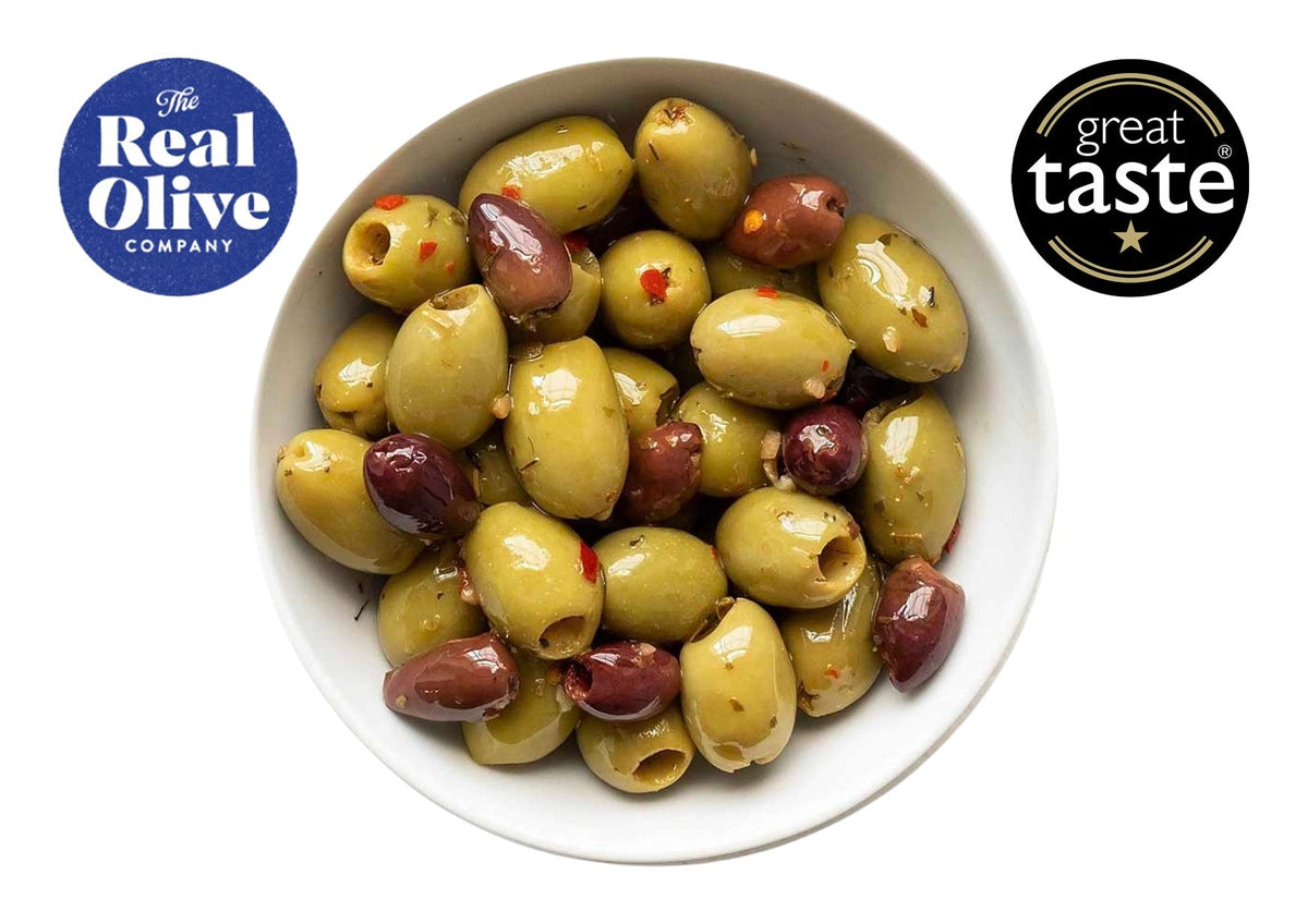The Real Olive Co - Mixed Pitted Olives with Chilli, Garlic & Basil (P ...